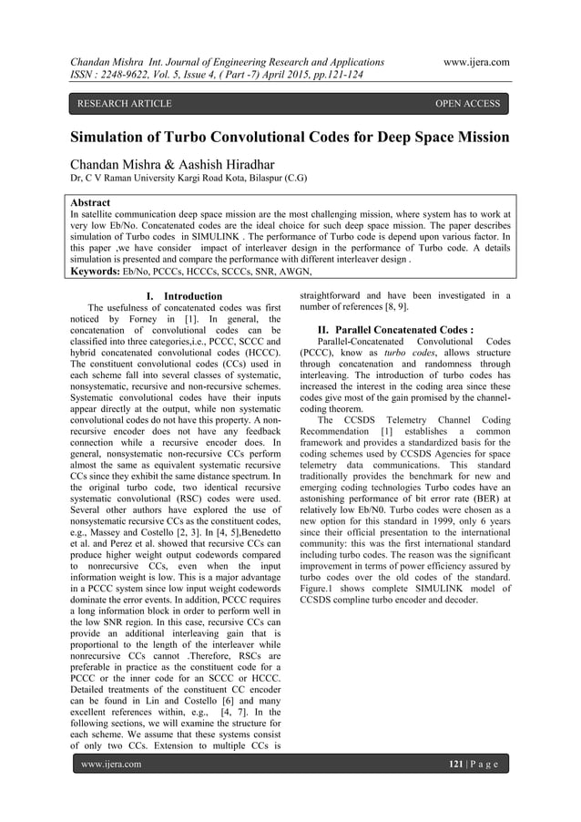 Simulation of Turbo Convolutional Codes for Deep Space Mission | PDF