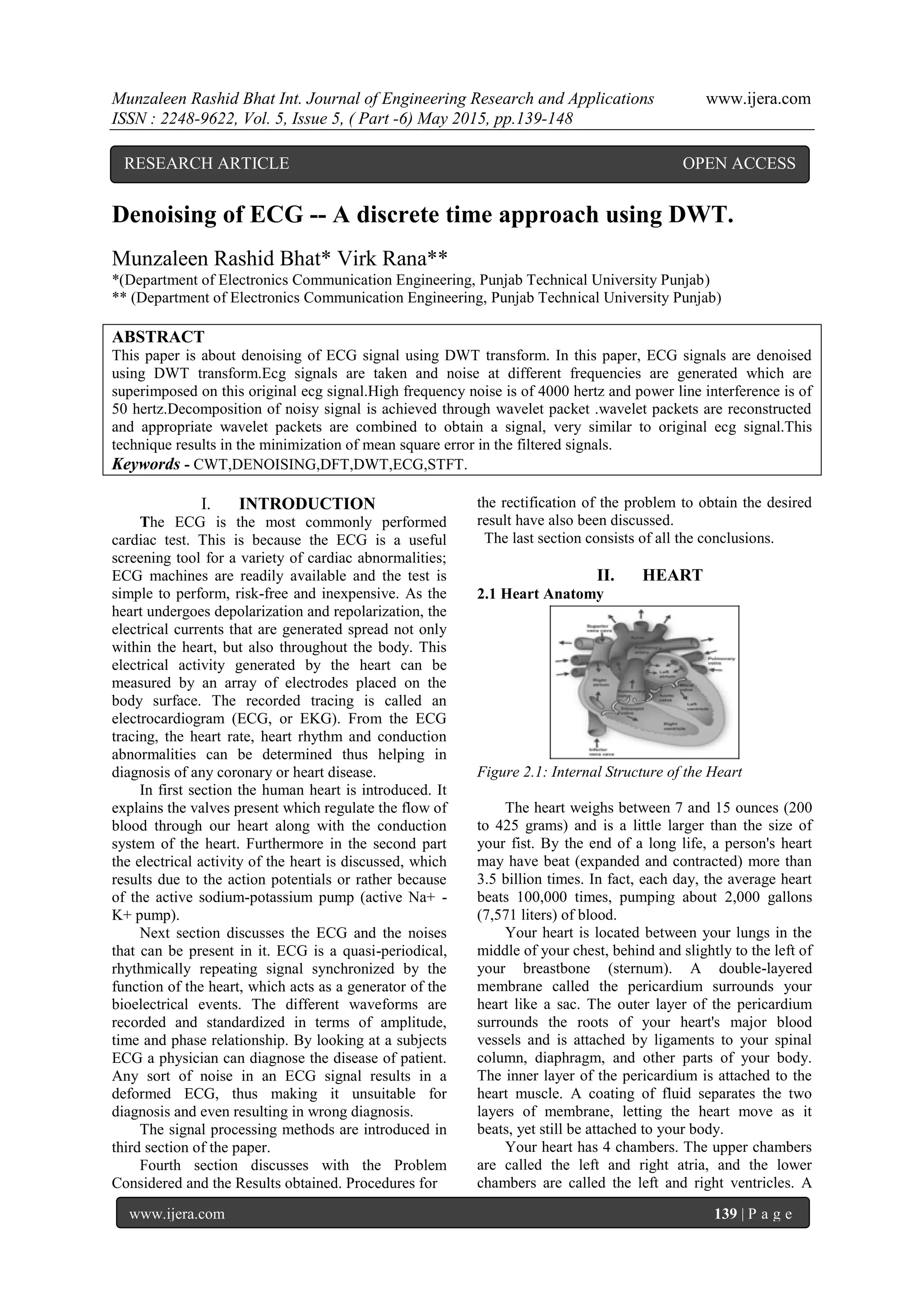Denoising of ECG -- A discrete time approach using DWT. | PDF