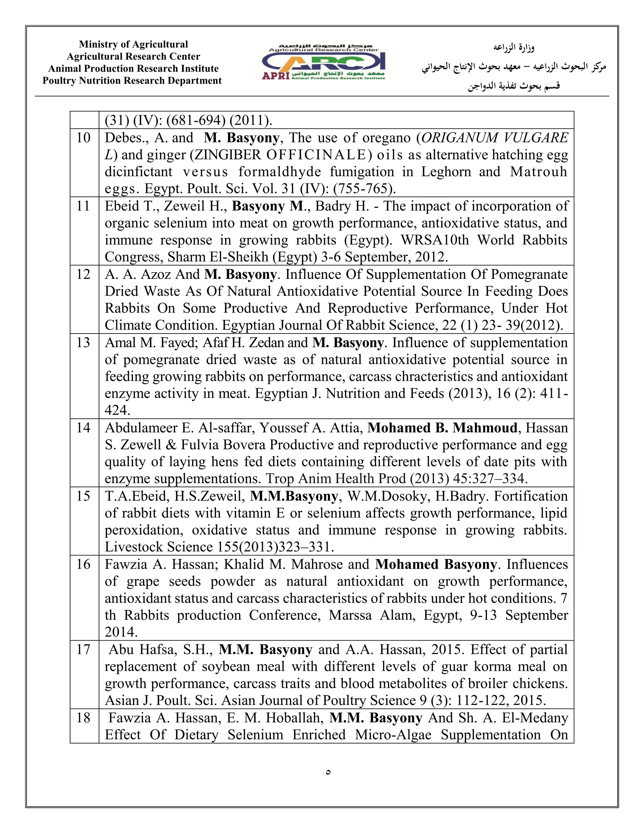Prof Dr mohamed Basyony (Poultry ans rabbit nutrition ) | PDF