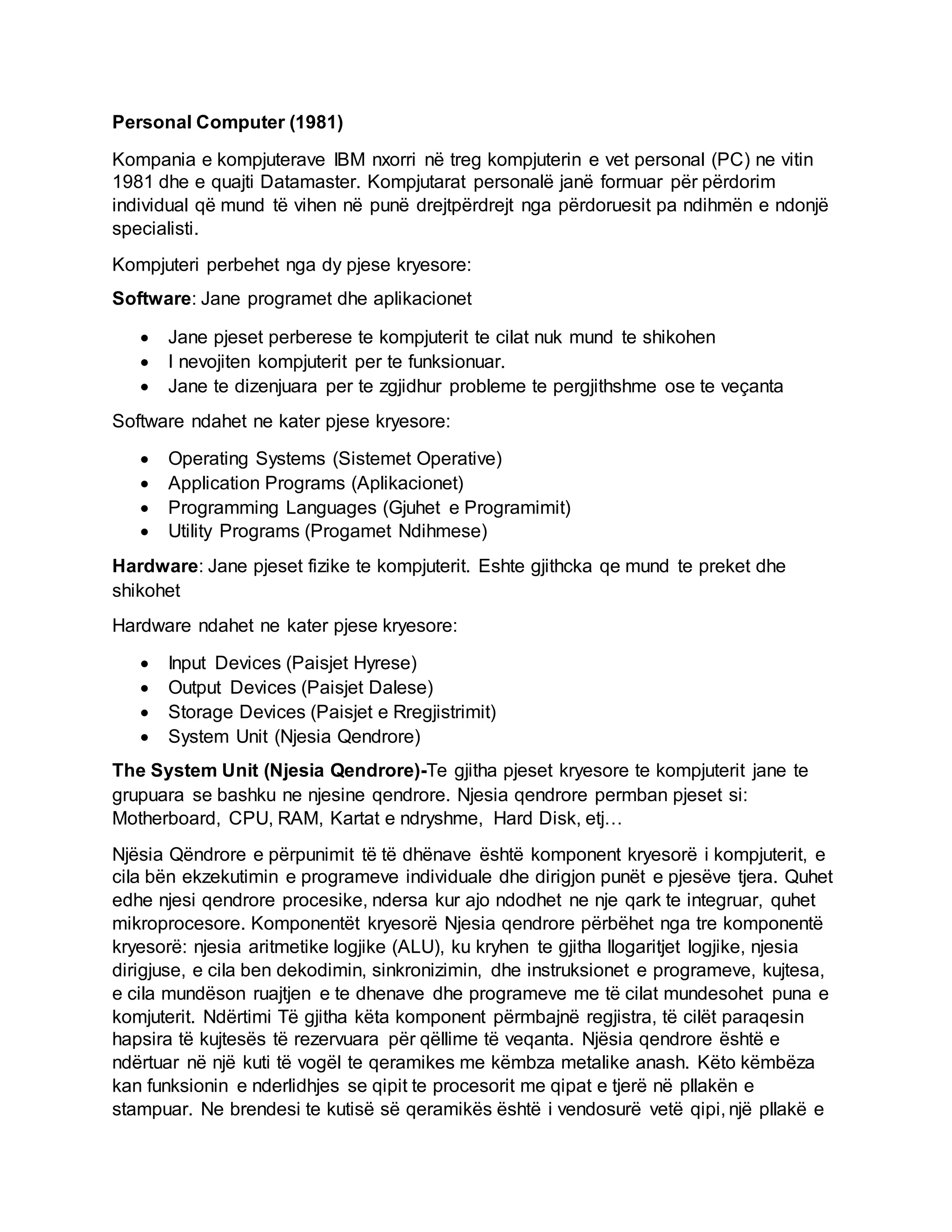 Detyre Kursi - Pjeset fizike te Kompjuterit | DOCX