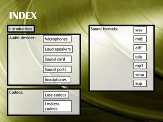 AUDIO DEVICES, FORMATS AND CODECS | PPTX | Digital Audio | Computer ...