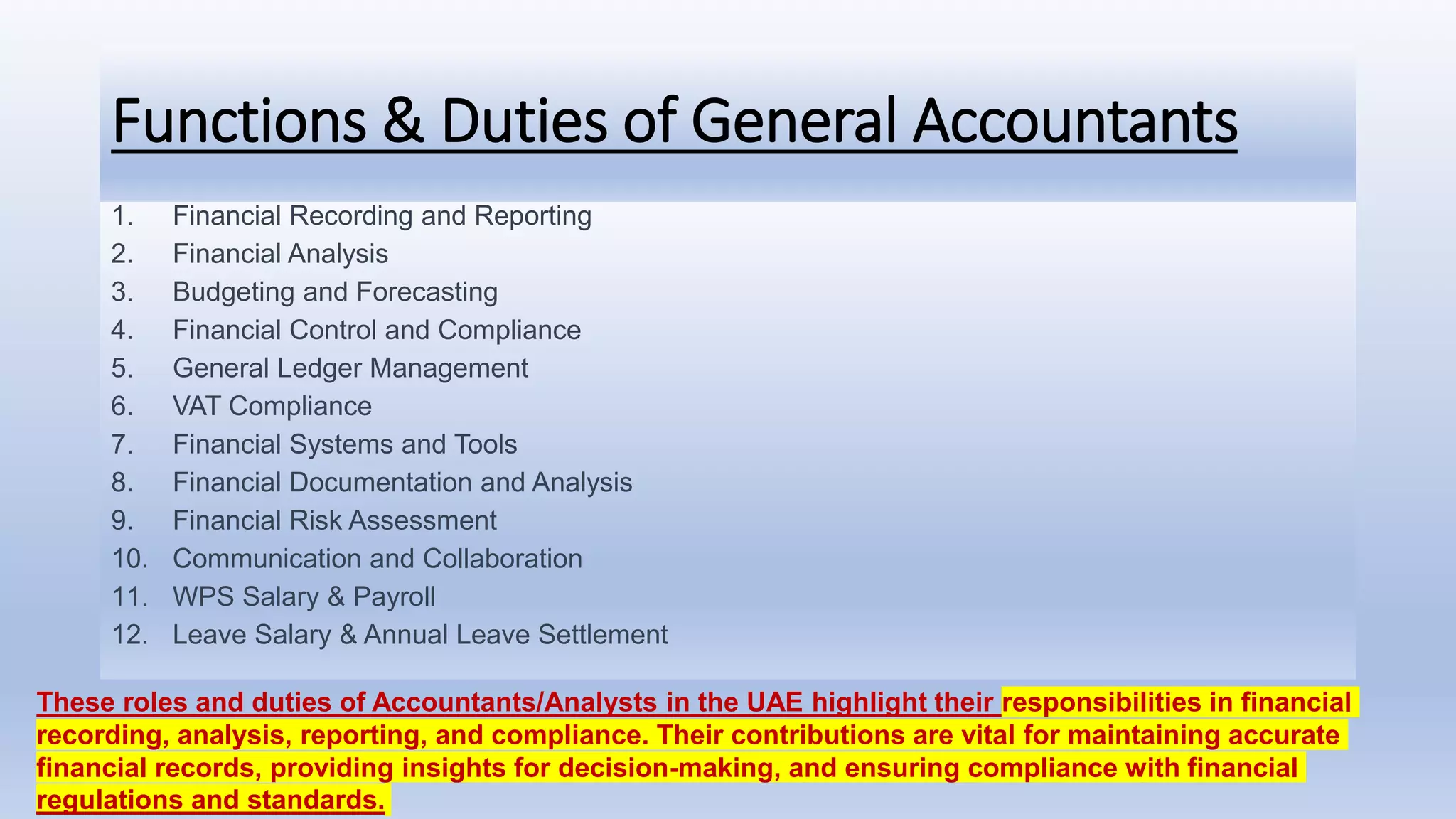 UAE Finance Managers and Accountant Roles Duties and Salary Package | PPTX