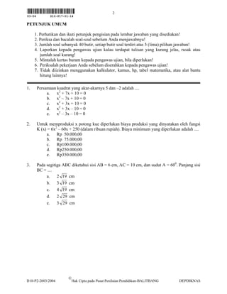UAN SMA MAT 2003/2004 P10 | PDF