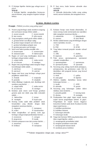 Contoh Soal UAS Anatomi Fisiologi Manusia Tahun 2016 | DOCX