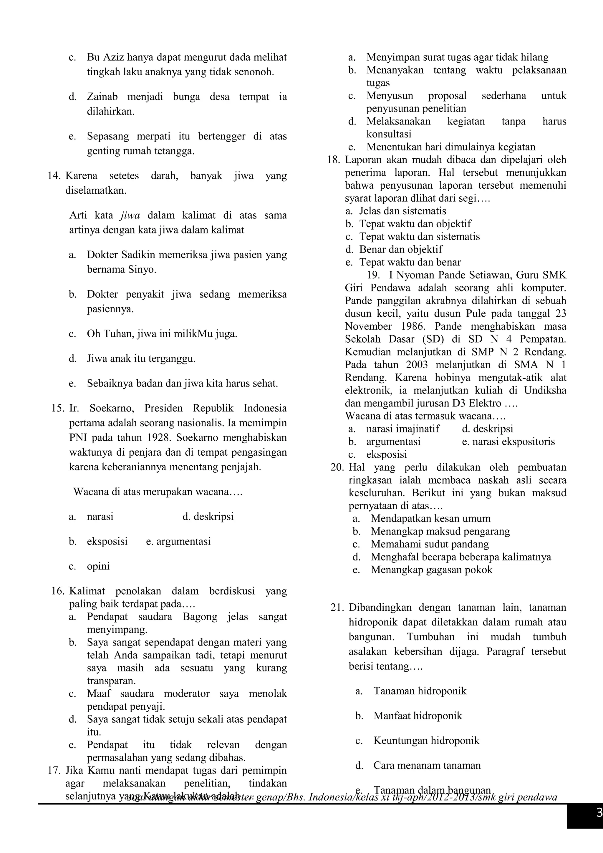 SOAL Uas bahasa indonesia smk kelas xi smt ii | PDF