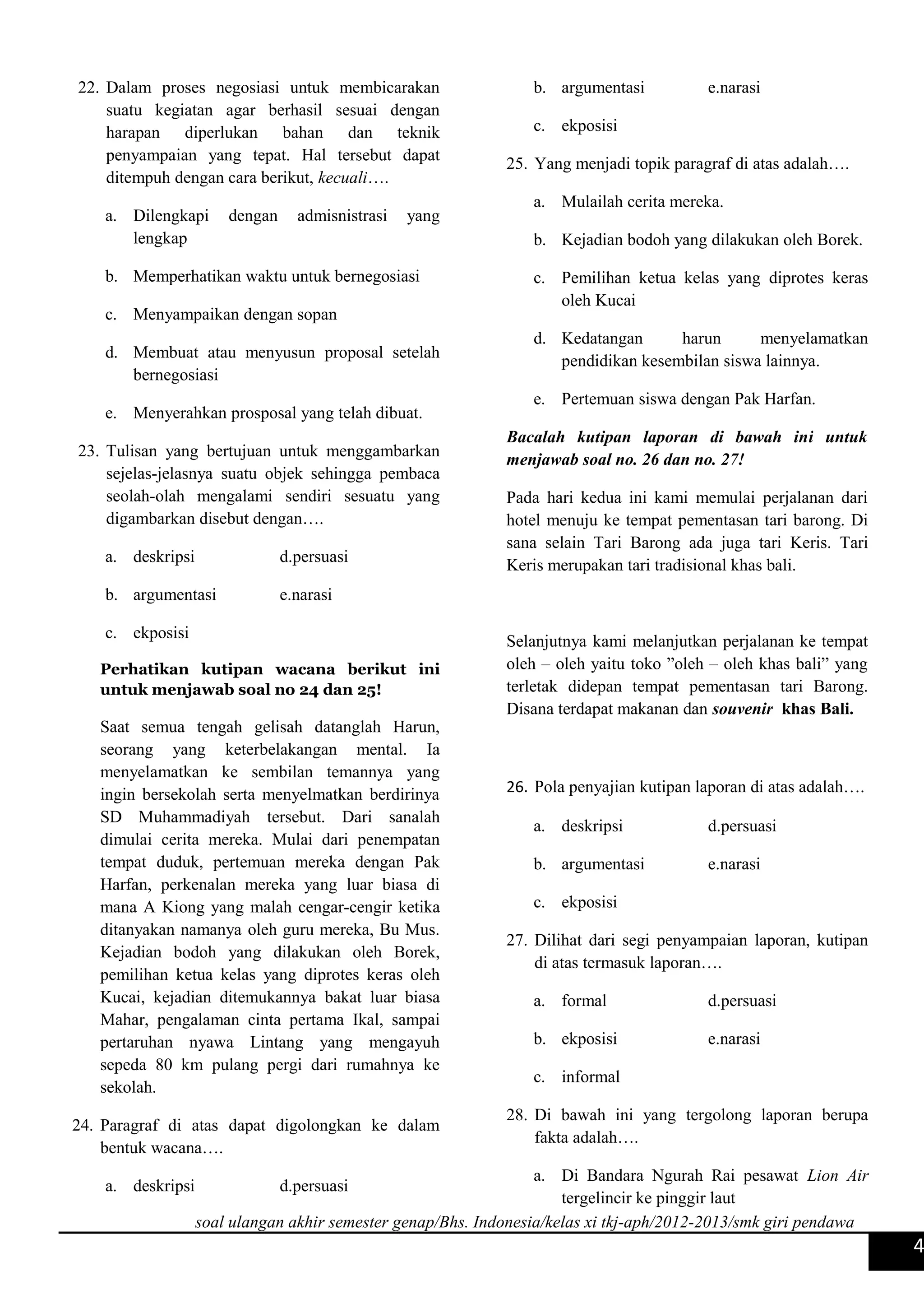 SOAL Uas bahasa indonesia smk kelas xi smt ii | PDF