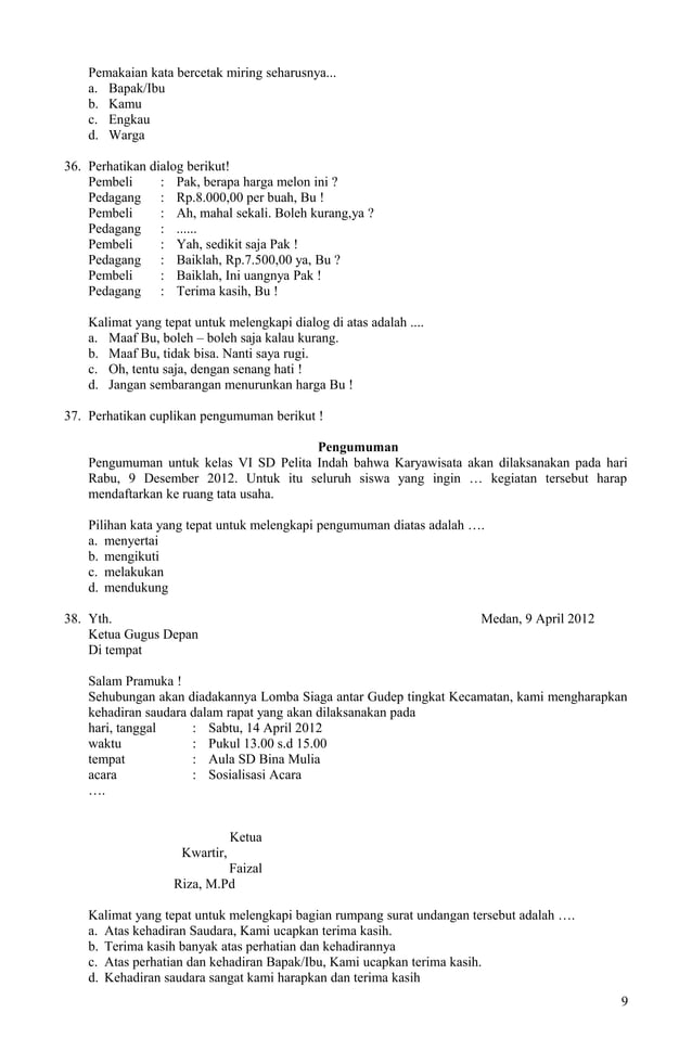 Latihan UAS Bahasa Indonesia | PDF