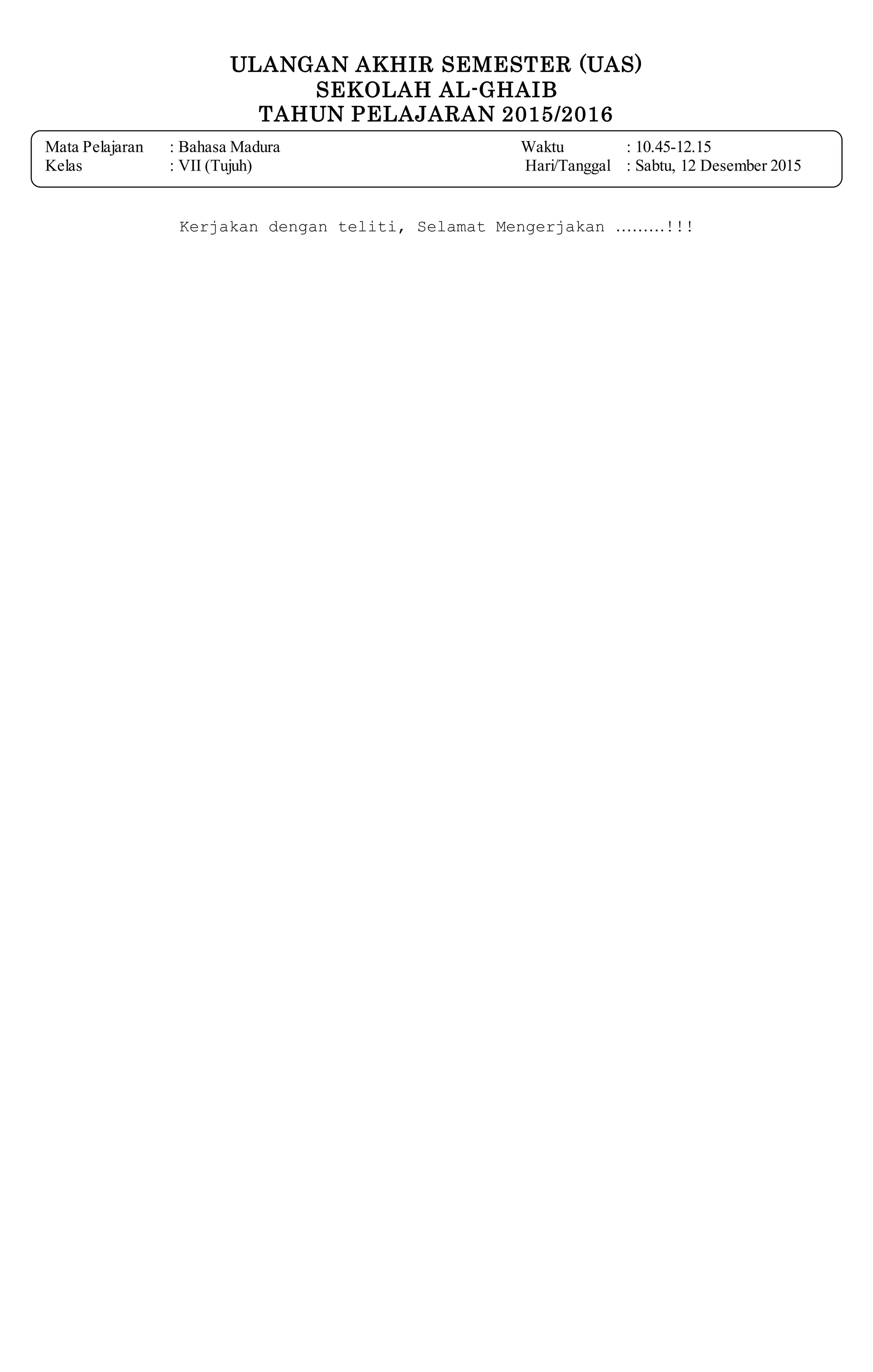 Contoh Soal UAS Ganjil Bahasa Madura Kelas 7 SMP/MTS | DOCX