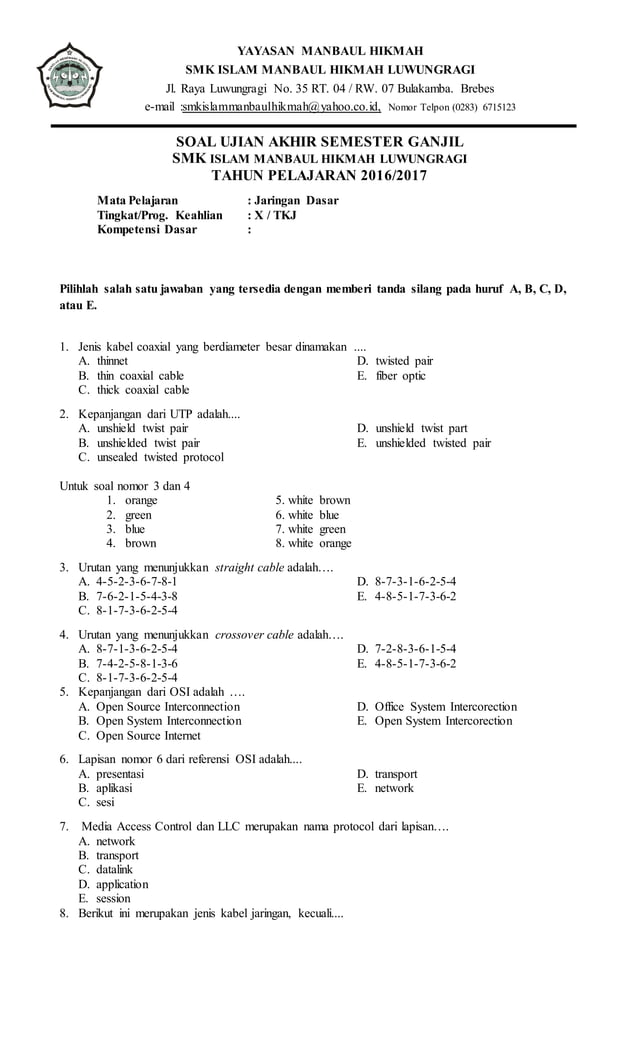 SOAL UAS JARINGAN DASAR SEMESTER 1 KELAS X TKJ | PDF