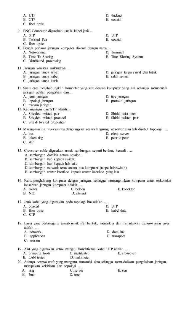 SOAL UAS JARINGAN DASAR SEMESTER 1 KELAS X TKJ | PDF