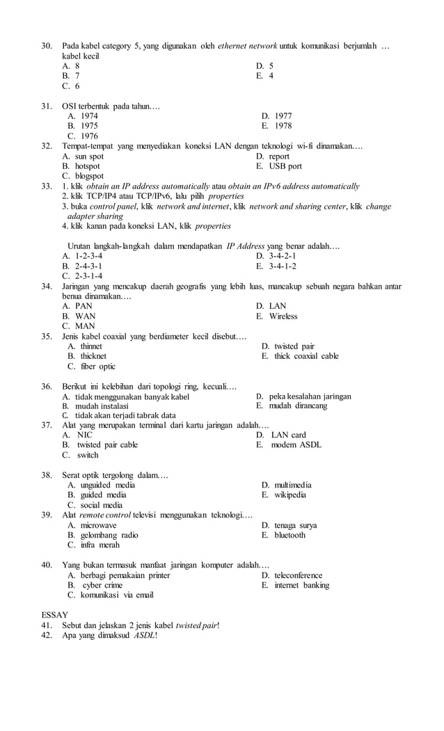 SOAL UAS JARINGAN DASAR SEMESTER 1 KELAS X TKJ | PDF