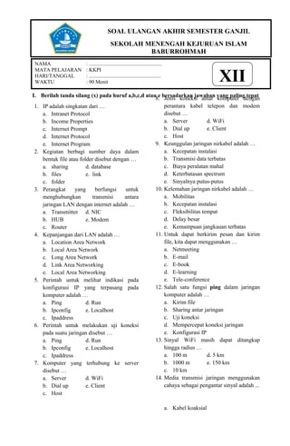 Contoh Soal UAS KKPI SMK | DOC
