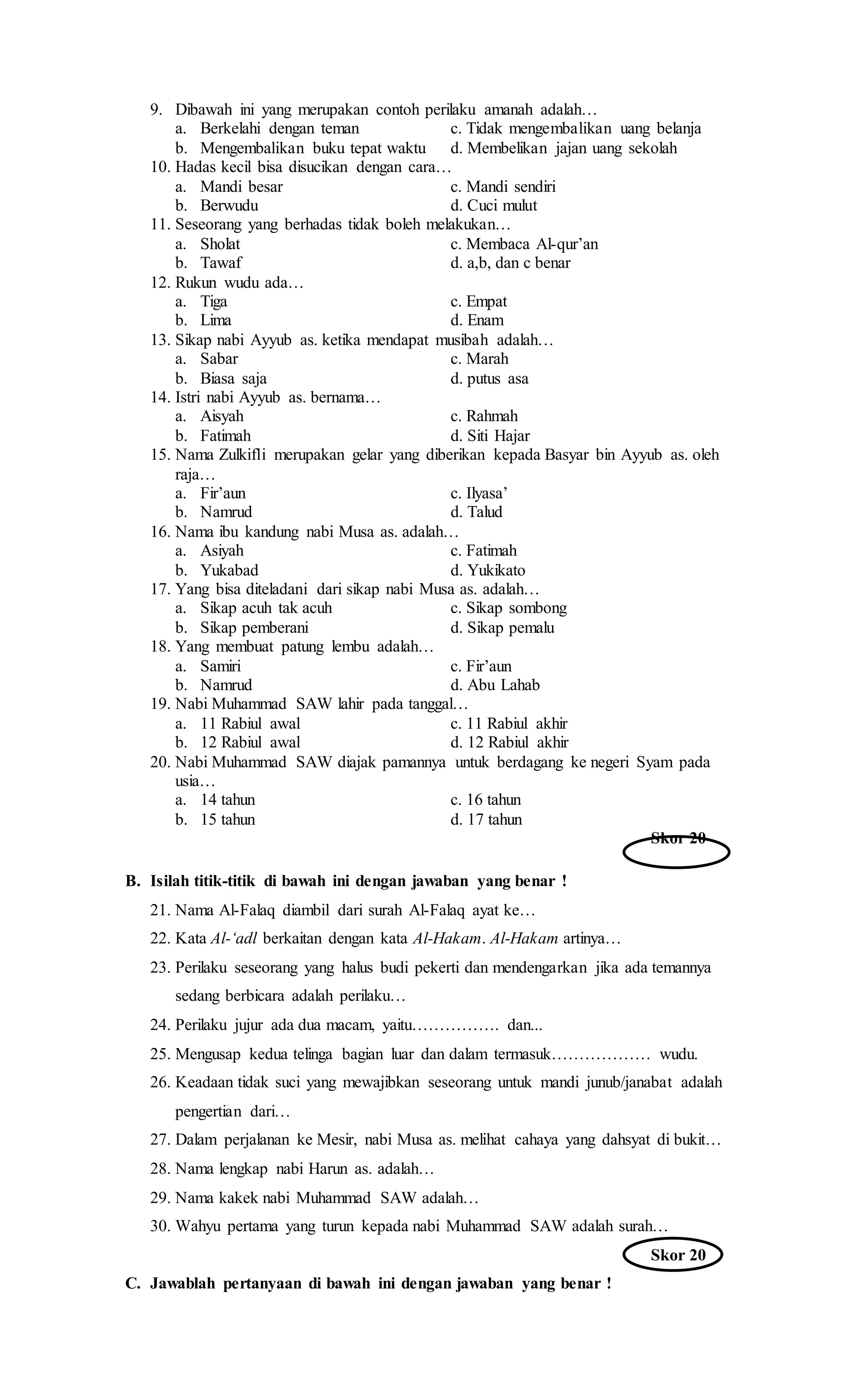 Uas klas 4 sd PAI semester 1 kurtilas | PDF