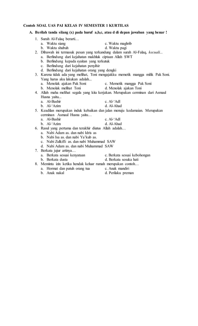 Uas klas 4 sd PAI semester 1 kurtilas | PDF