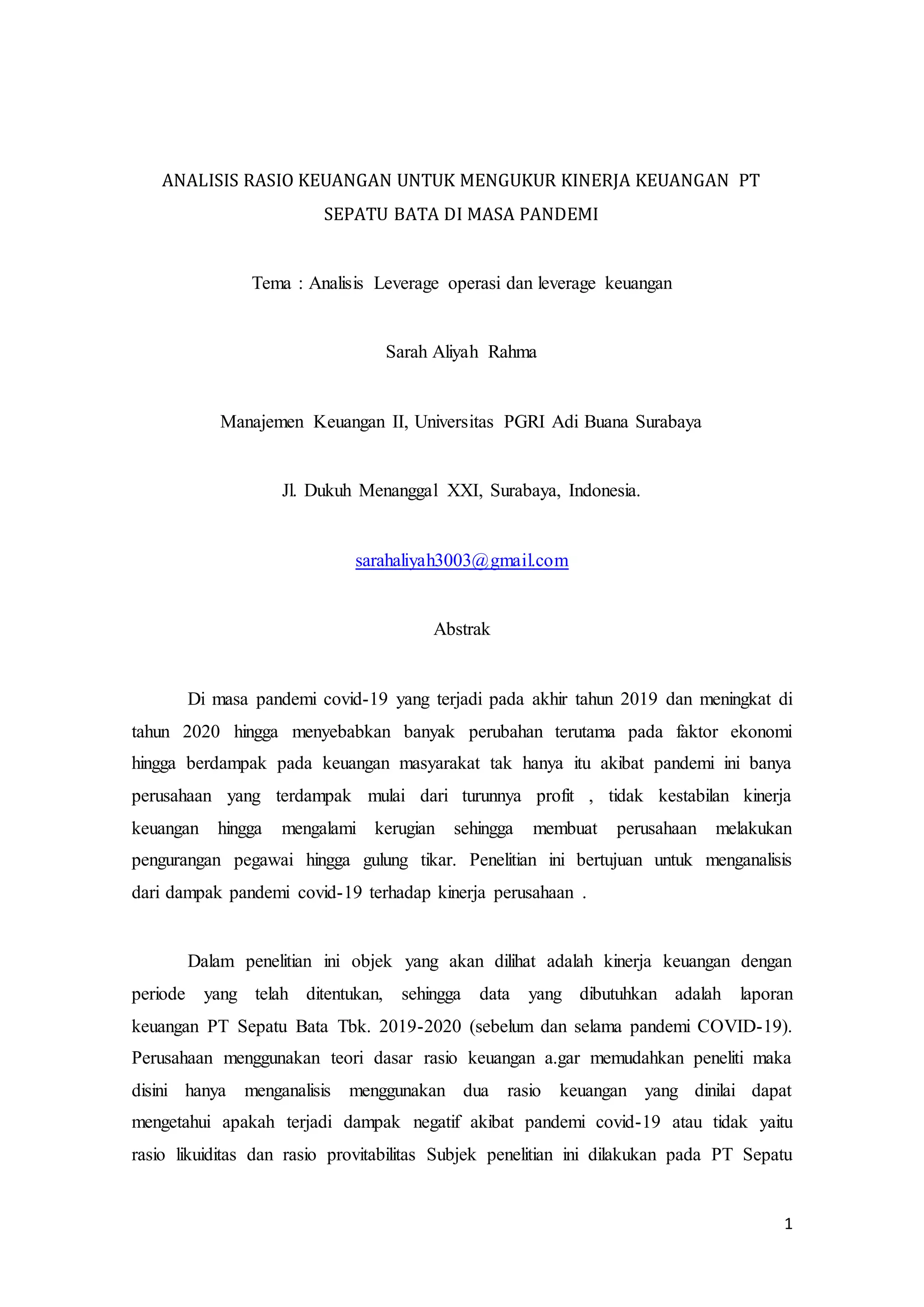 ANALISIS RASIO KEUANGAN UNTUK MENGUKUR KINERJA KEUANGAN PT SEPATU BATA DI MASA PANDEMI | PDF