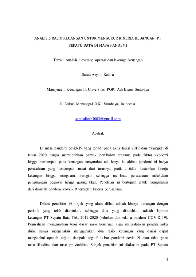 ANALISIS RASIO KEUANGAN UNTUK MENGUKUR KINERJA KEUANGAN PT SEPATU BATA DI MASA PANDEMI | PDF