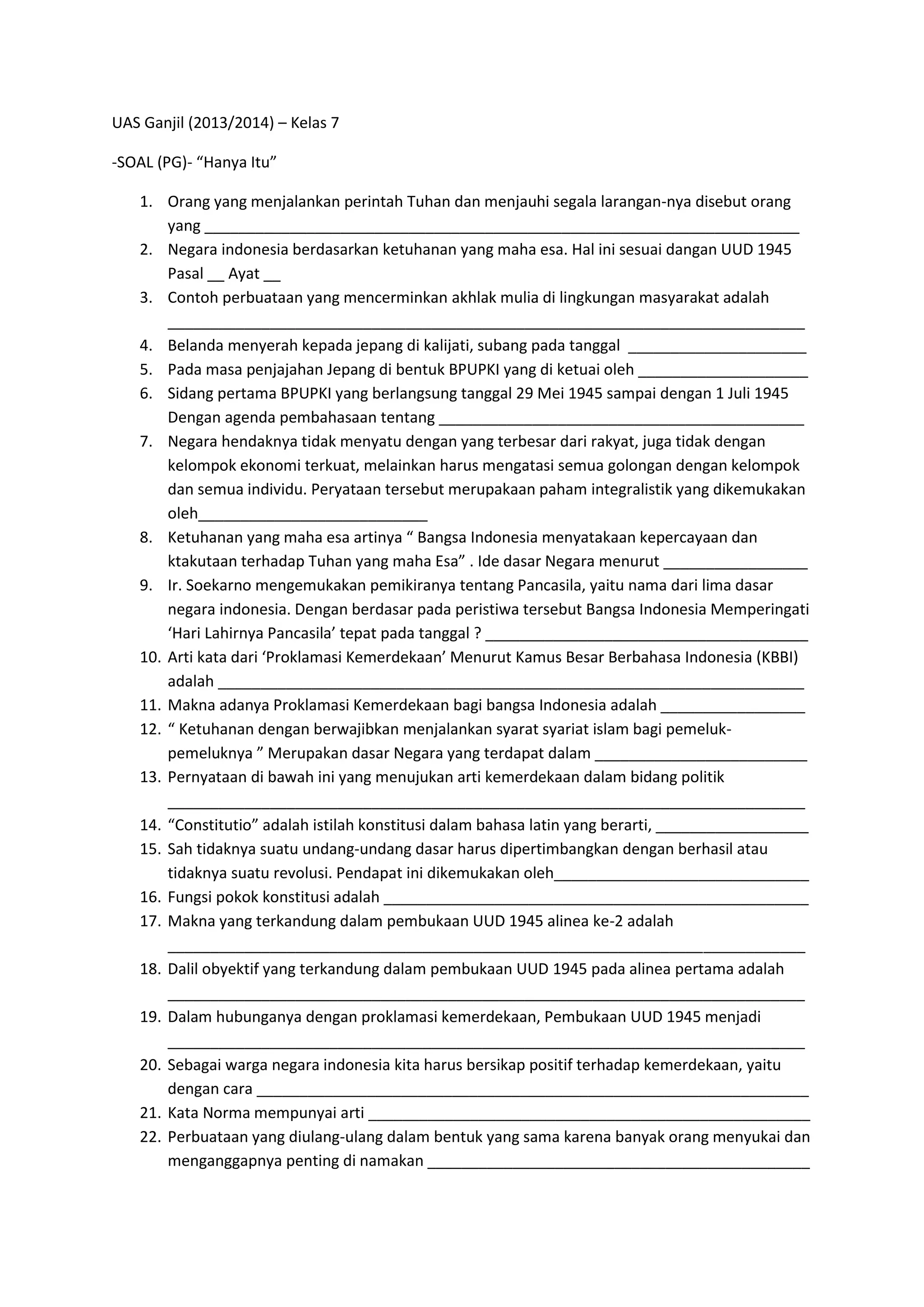 Uas pkn ganjil kelas 7 2013 2014 | PDF