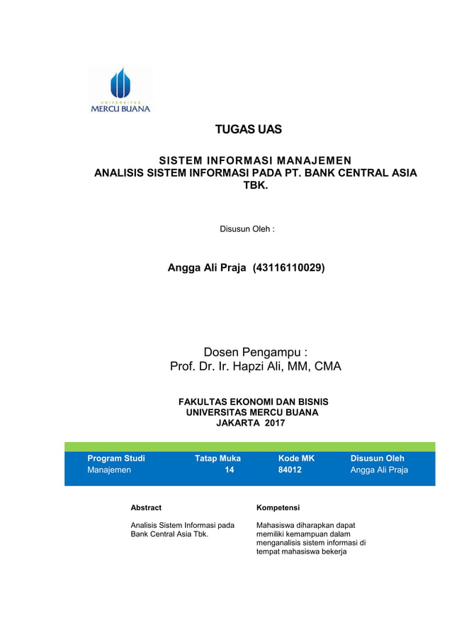 UAS SIM, Angga Ali Praja, Hapzi Ali, Analisis Sistem Informasi pada PT. BCA, Universitas Mercu ...