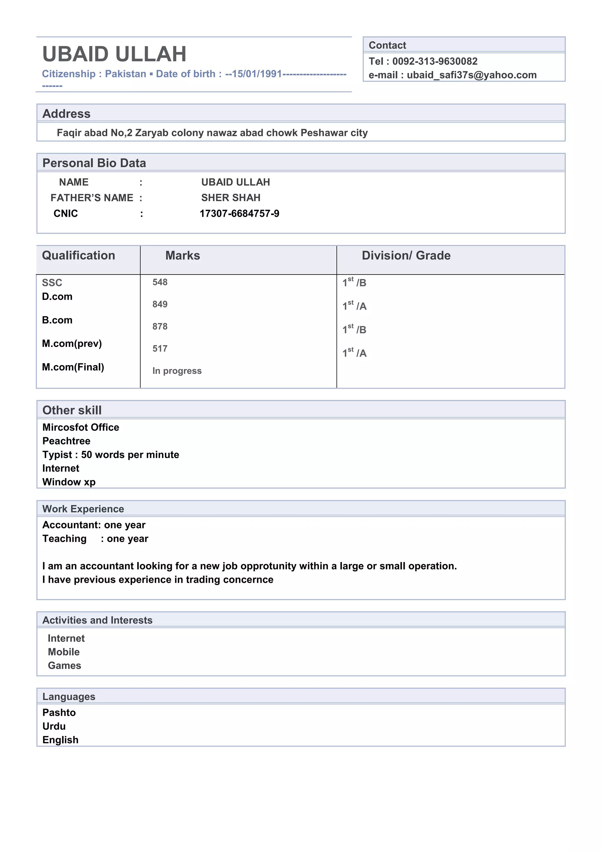 Ubaid ullah cv | DOCX