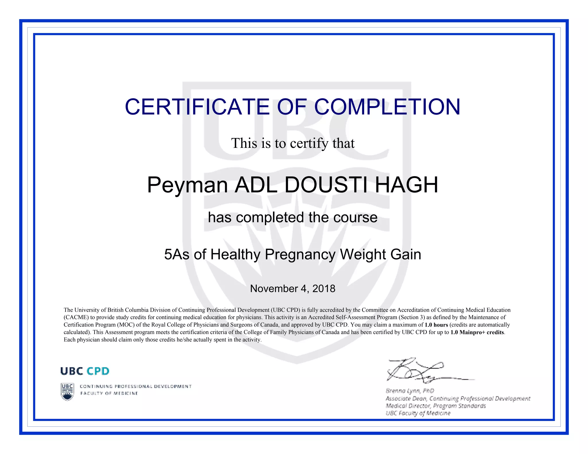 UBC Certificate in 5 as healthy-Peyman ADL DOUSTI HAGH | PDF