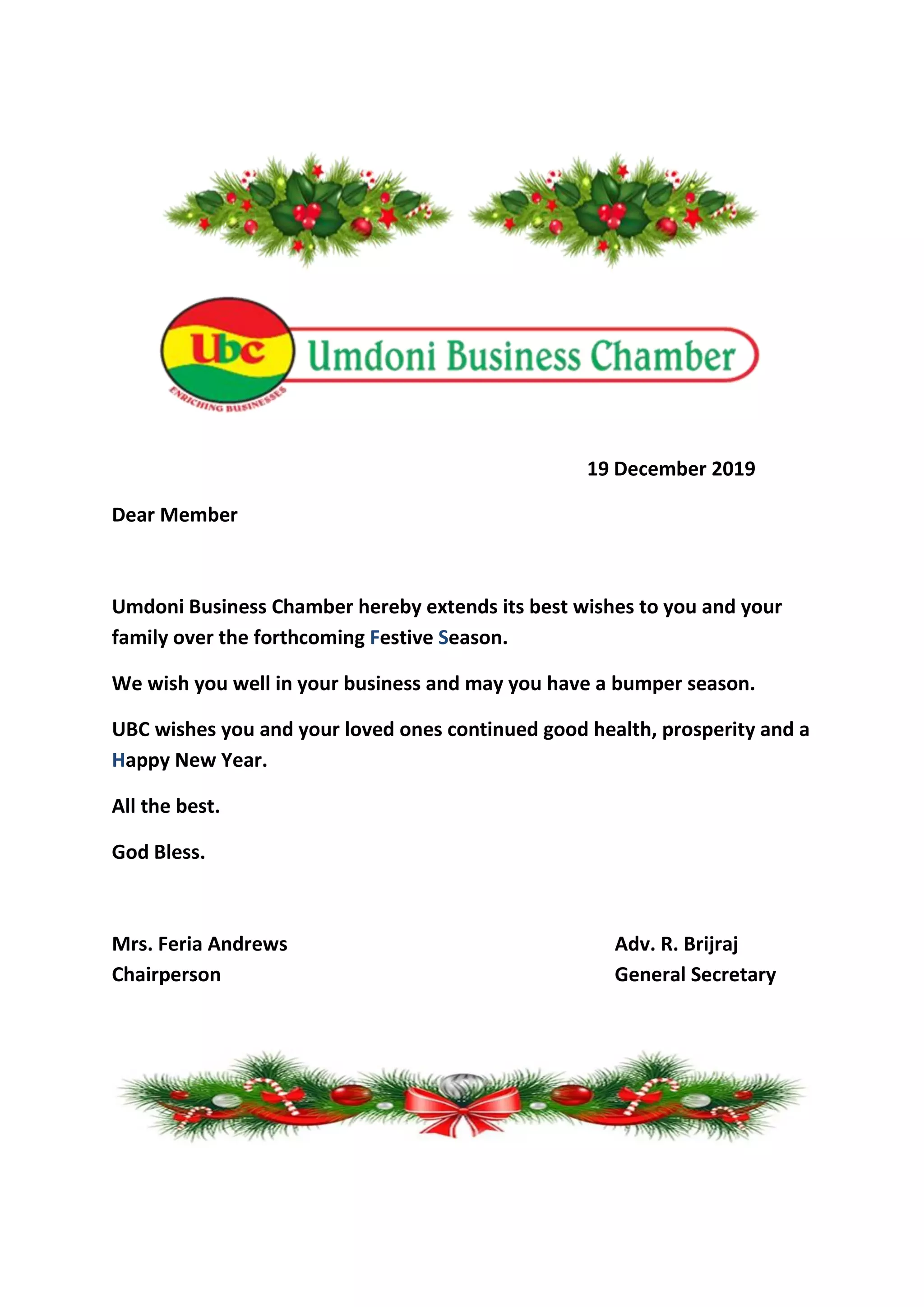UBC festive season greetings | PDF