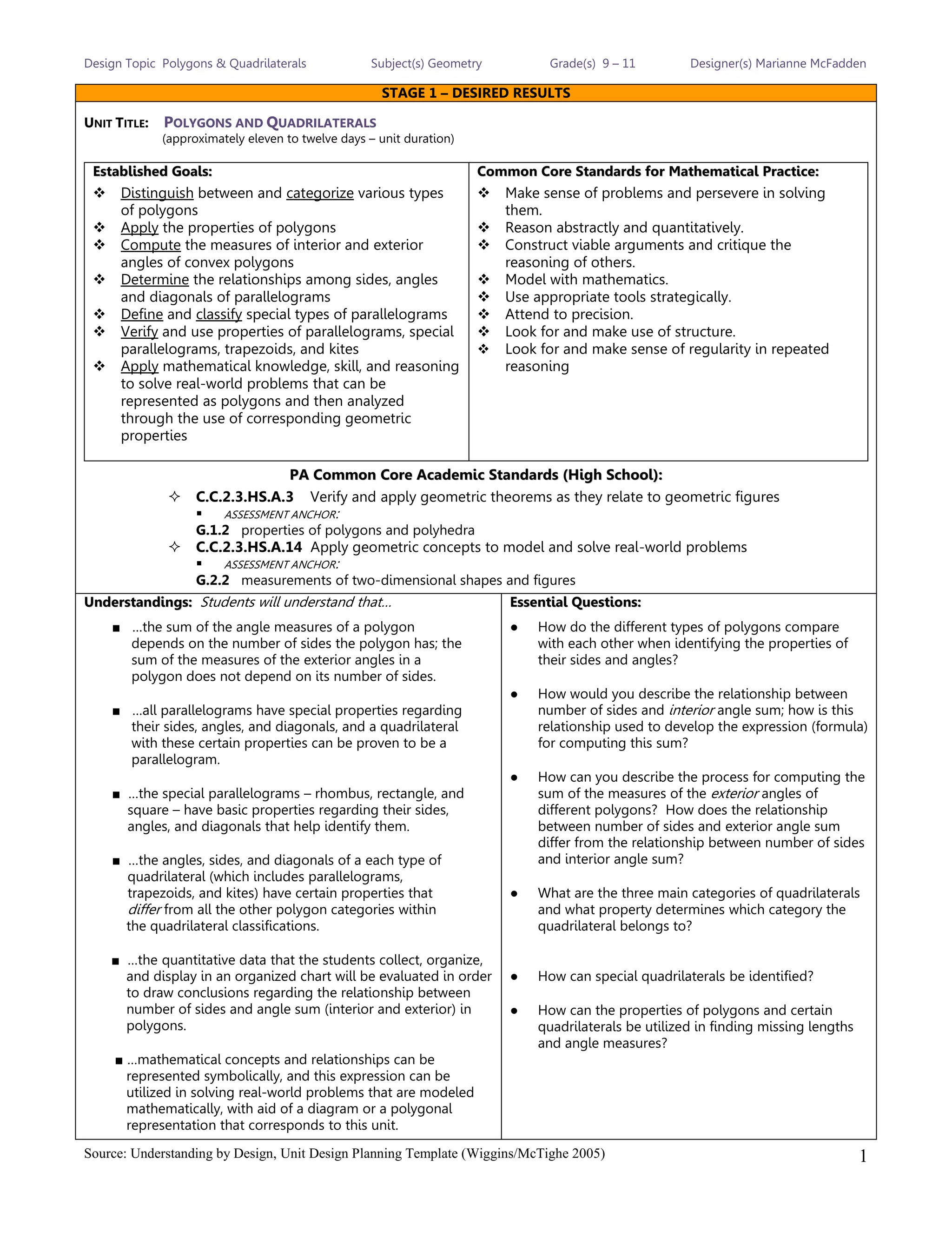 Understanding by Design - Unit Plan for Polygons and Quadrilaterals | PDF