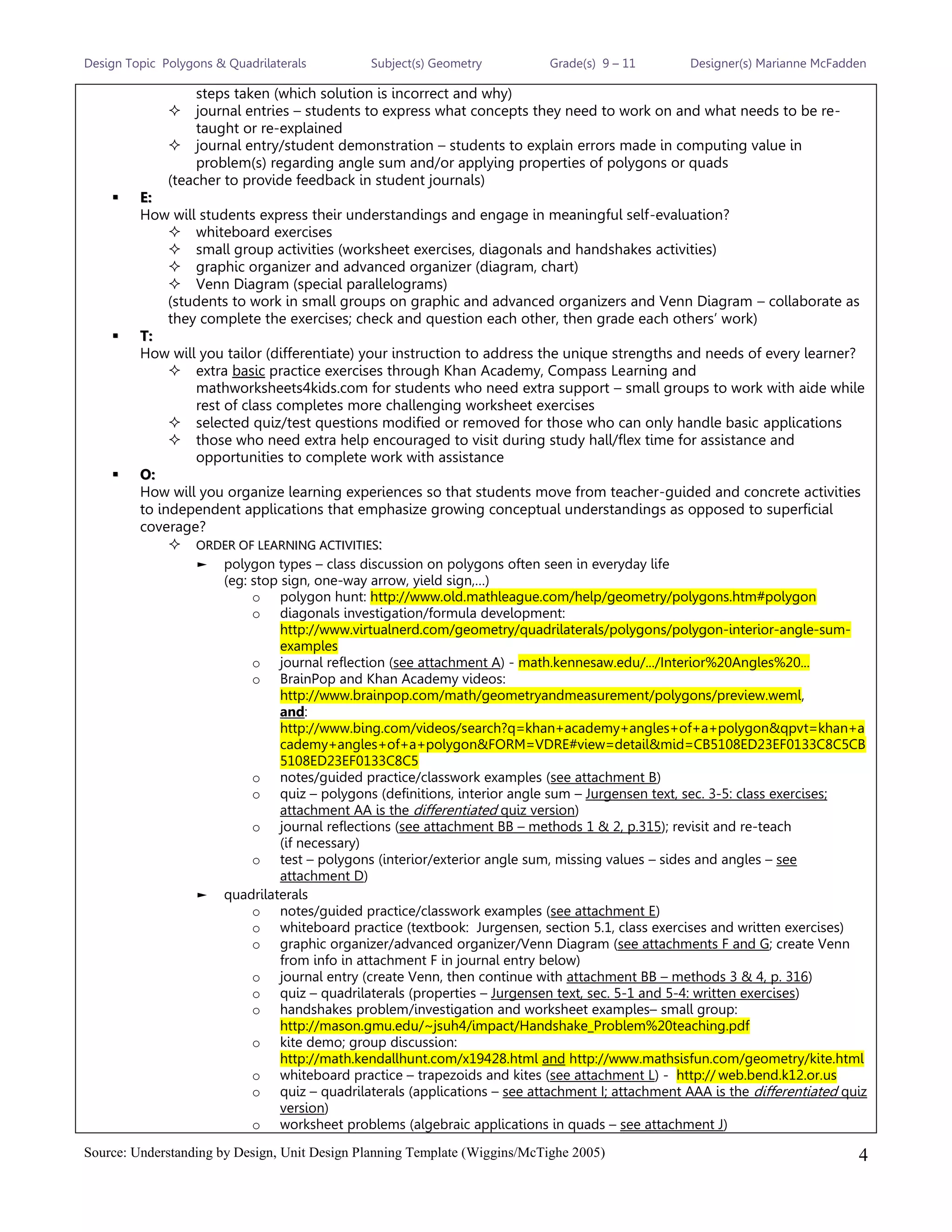 Understanding by Design - Unit Plan for Polygons and Quadrilaterals | PDF