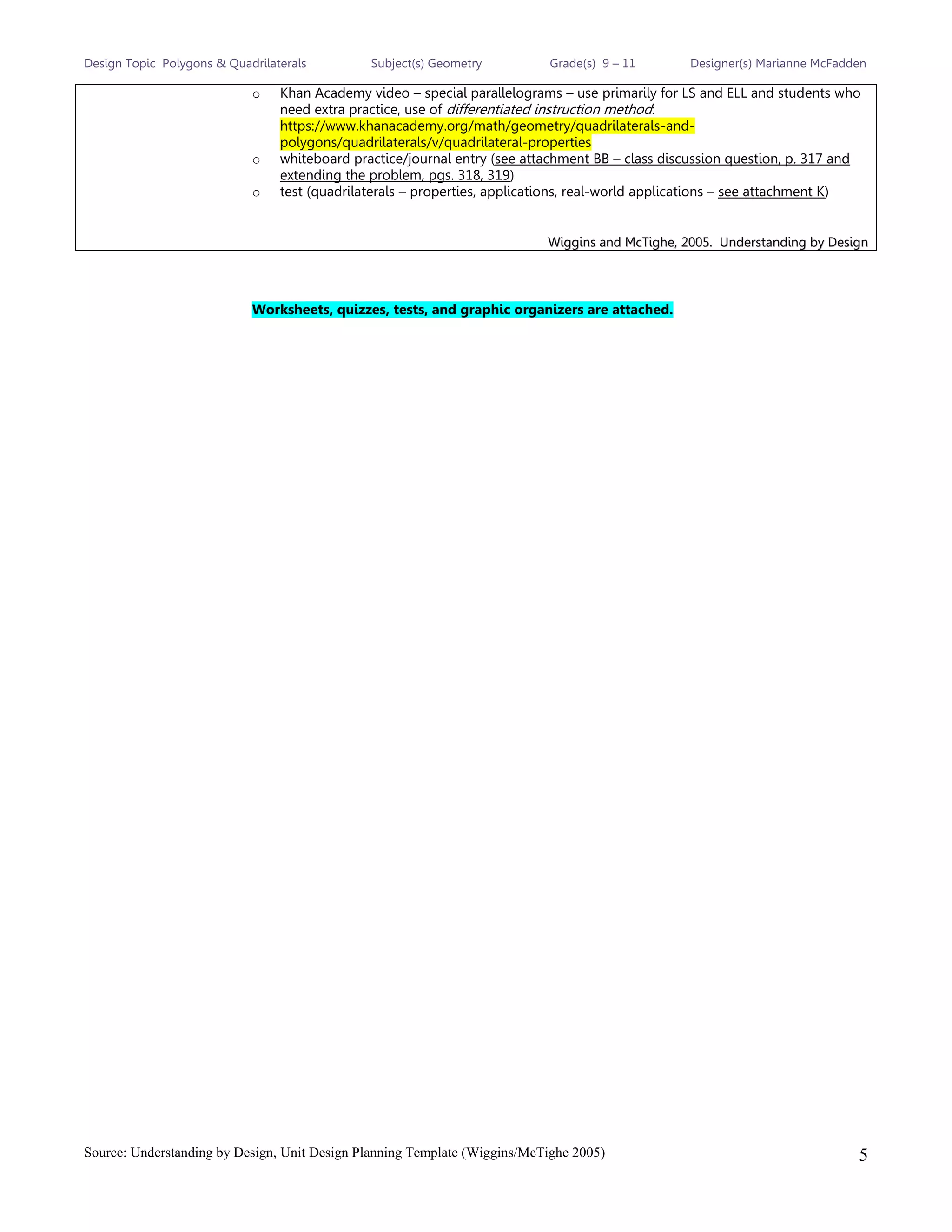 Understanding by Design - Unit Plan for Polygons and Quadrilaterals | PDF