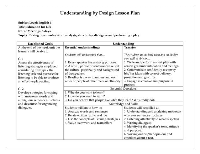Understanding by Design Lesson Plan