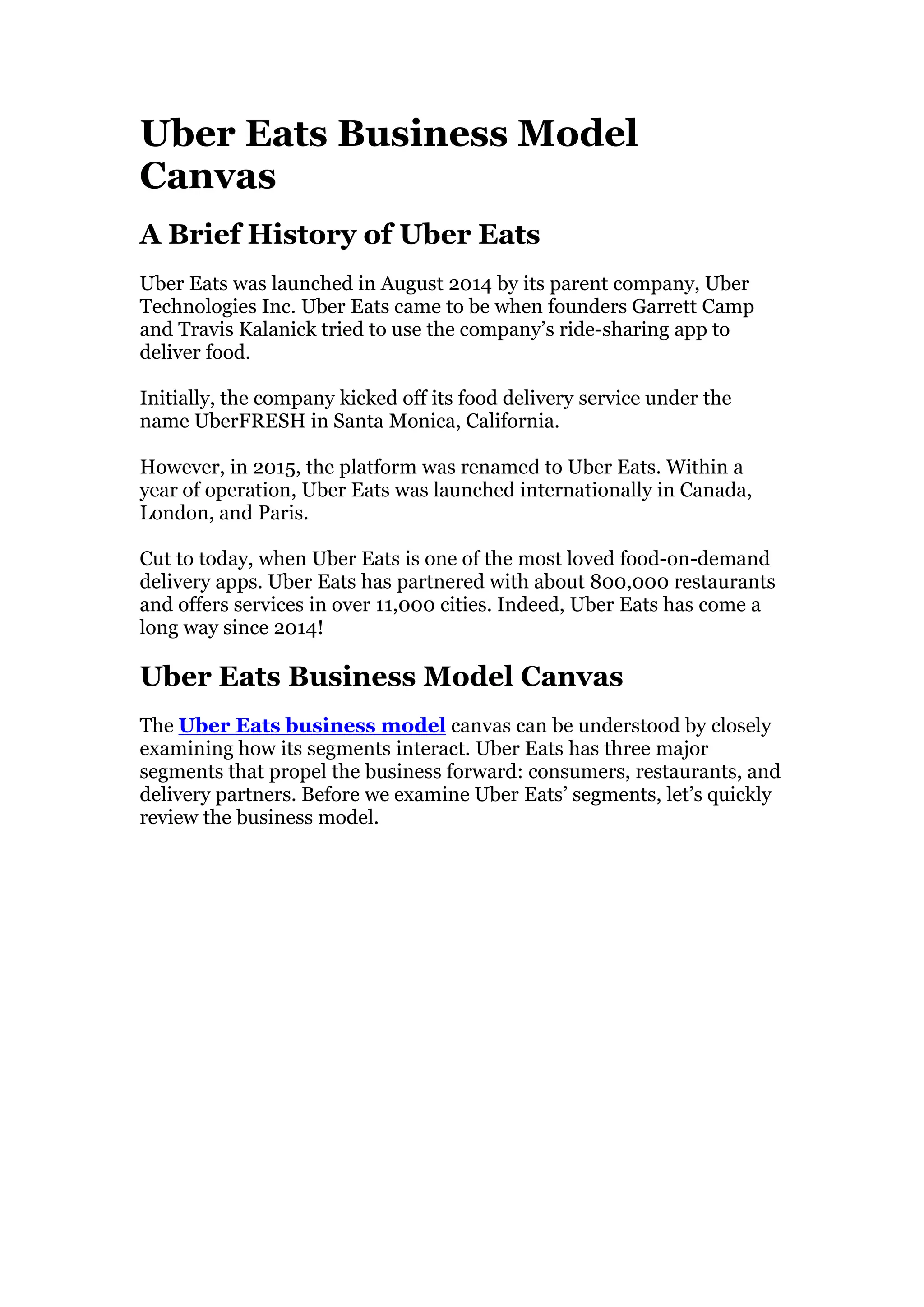 Uber Eats Business Model and Revenue Model Canvas | PDF | Food Industry | Industries