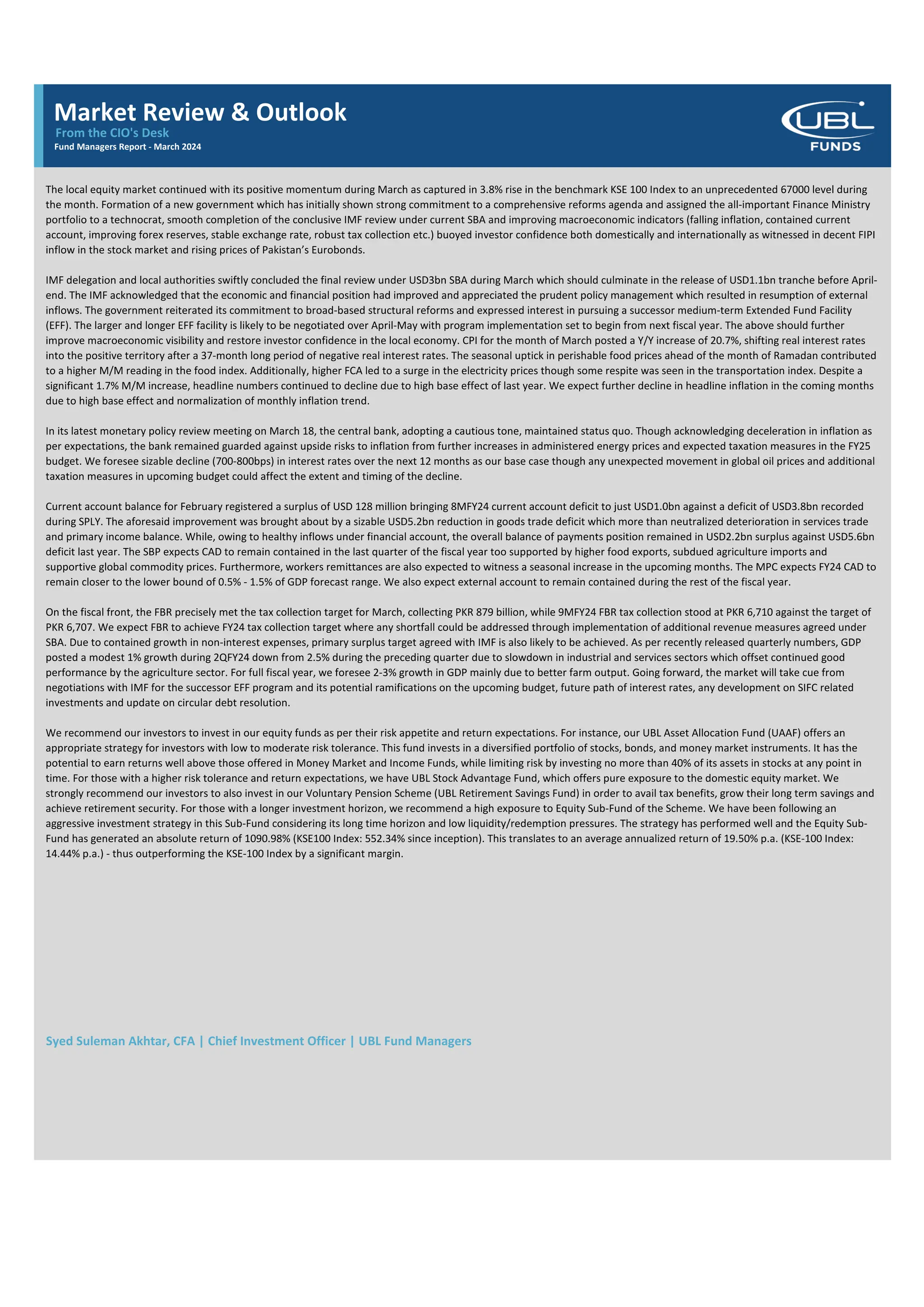 UBL Funds Manager Report (FMR) March 2024 | PDF