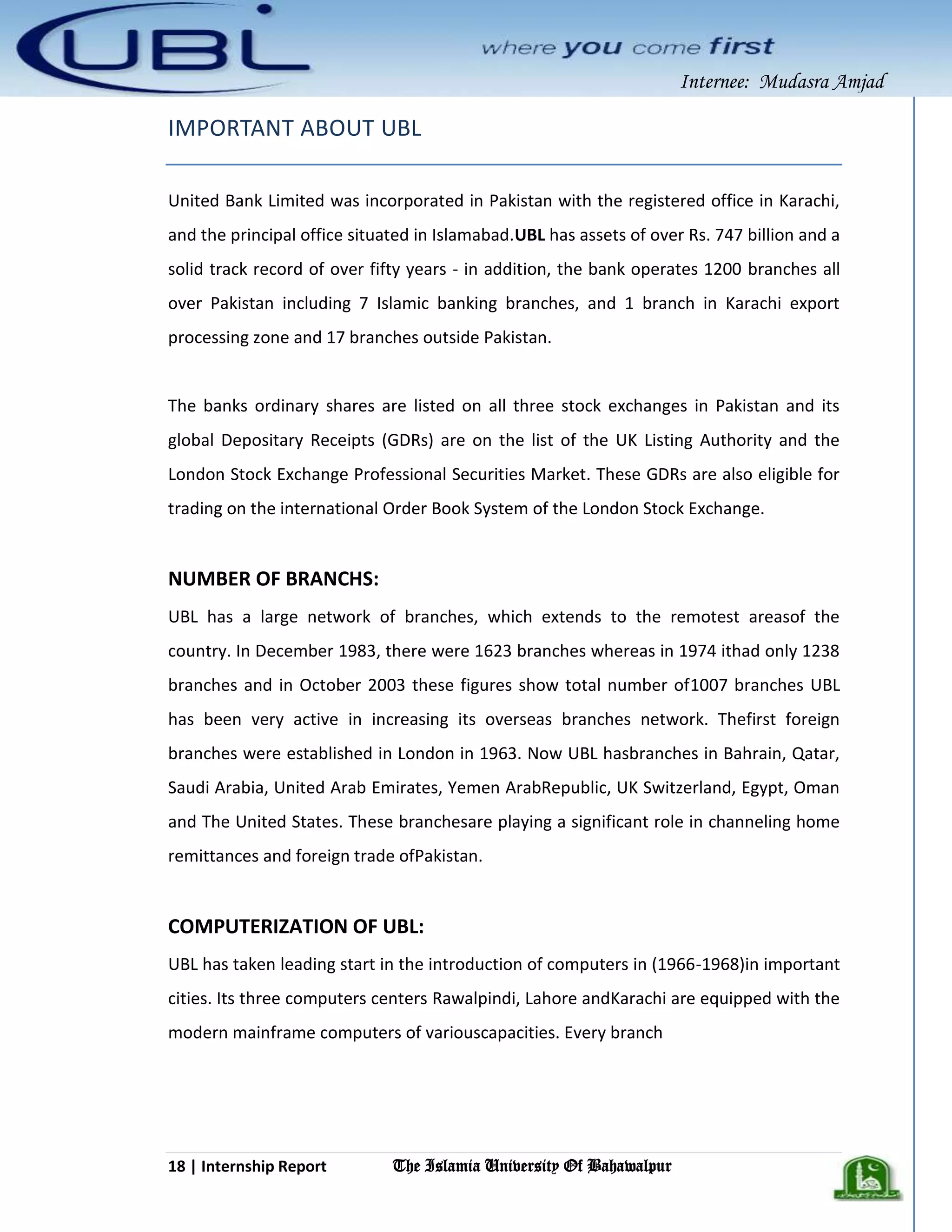 U.B.L Bank internship report | DOCX