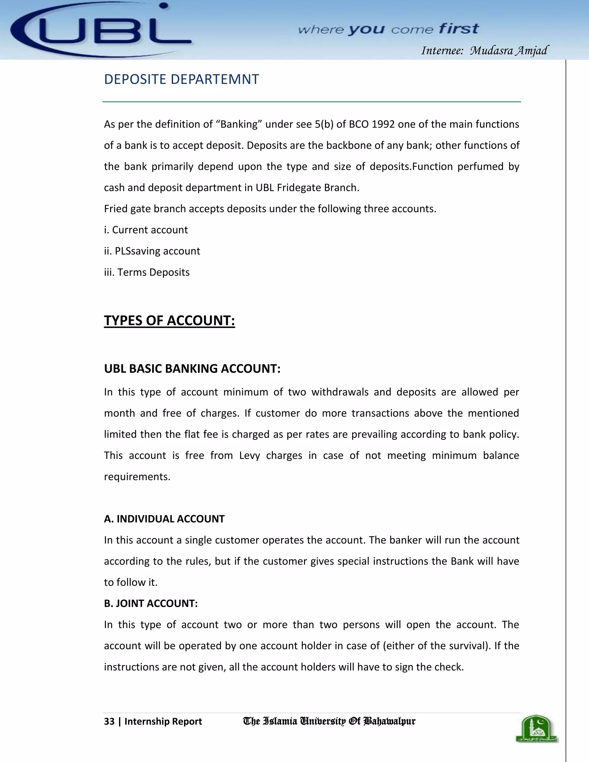 U.B.L Bank internship report | DOCX