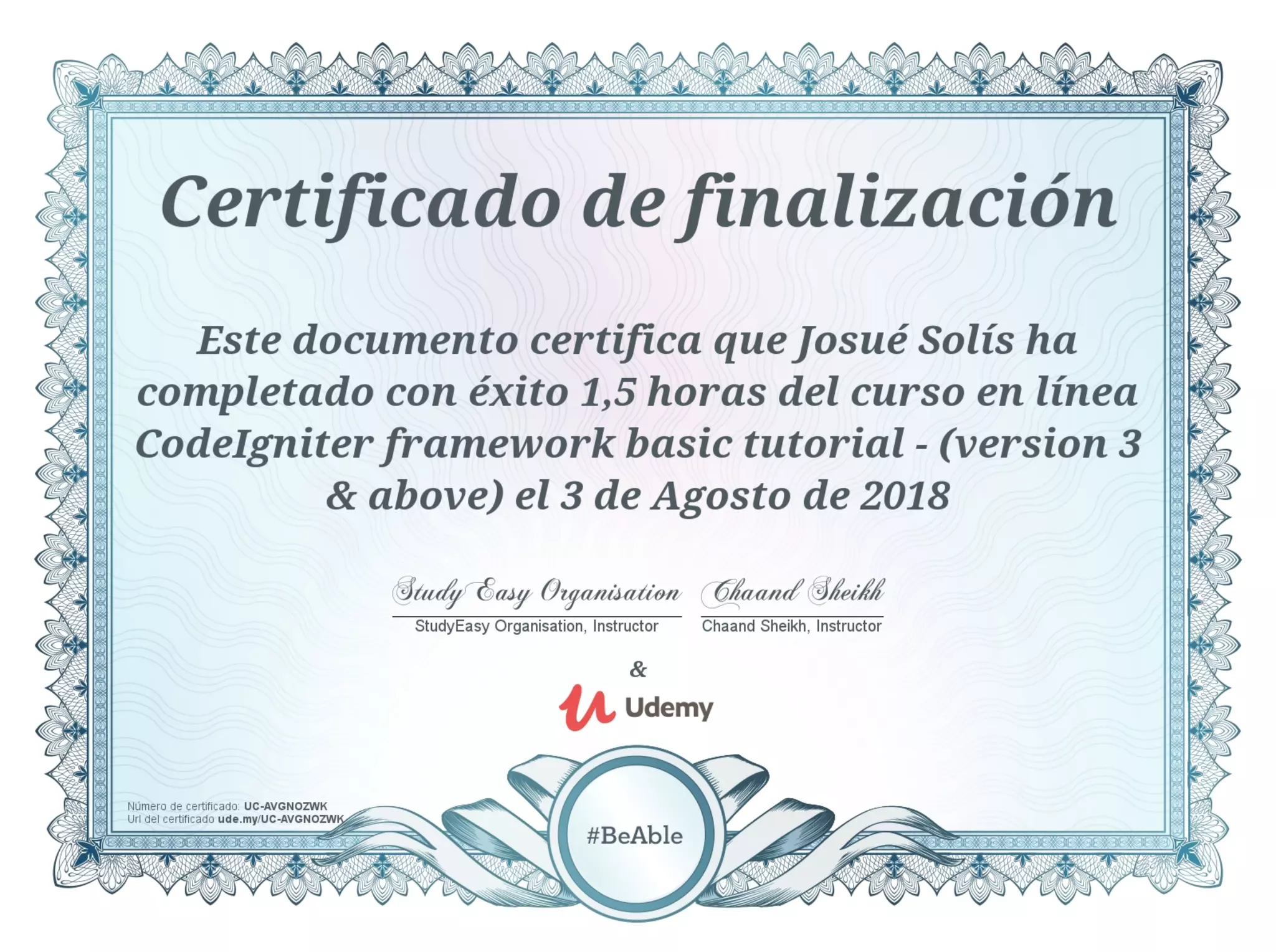Certificado de finalización - CodeIgniter framework basic tutorial ... Certificado de finalización - CodeIgniter framework basic tutorial ...