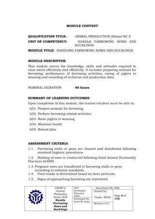handle farrowing sows and sucklings cblm | DOCX