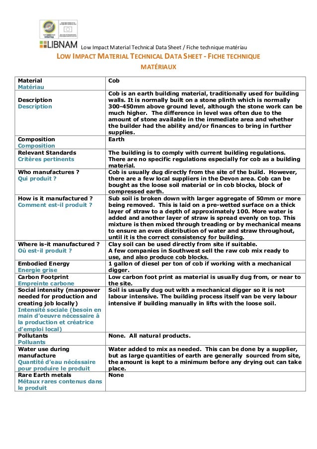 Low Impact Material Technical Data Sheet Cob Low Impact Material Technical Data Sheet Cob