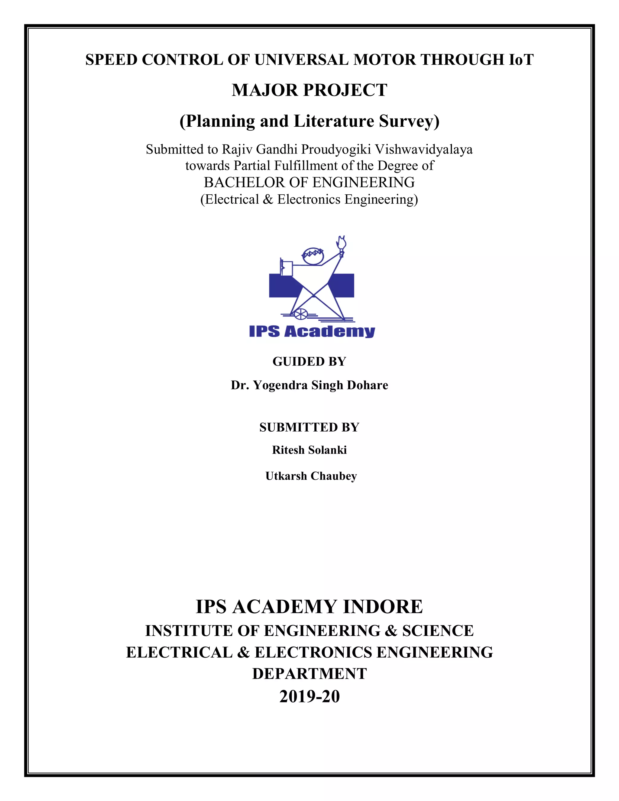 Major Project Synopsis Report on IoT based DC Motor Through a Web-site | PDF