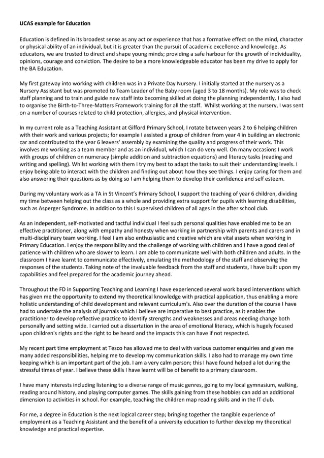 Example of a UCAS personal statement for Education | DOCX | Daycare and ...