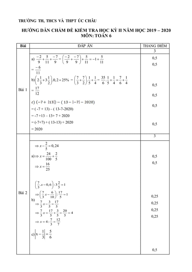 Đề Thi HK2 Toán 6 - THCS Úc Châu | PDF
