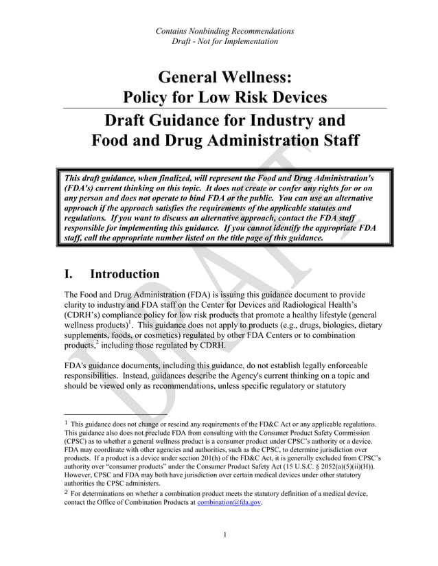 FDA - General Wellness: Policy for Low Risk Devices | PDF | Wellness ...