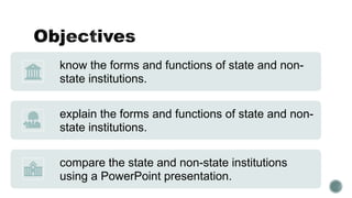UCSP_Q2_WEEK 1_Forms and Functions of State and Non-state Institutions.pptx