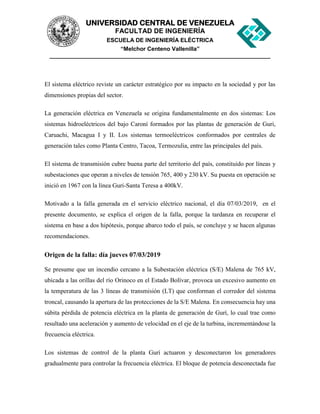 Informe sobre la Falla del Sistema Electrico Nacional Venezuela | PDF