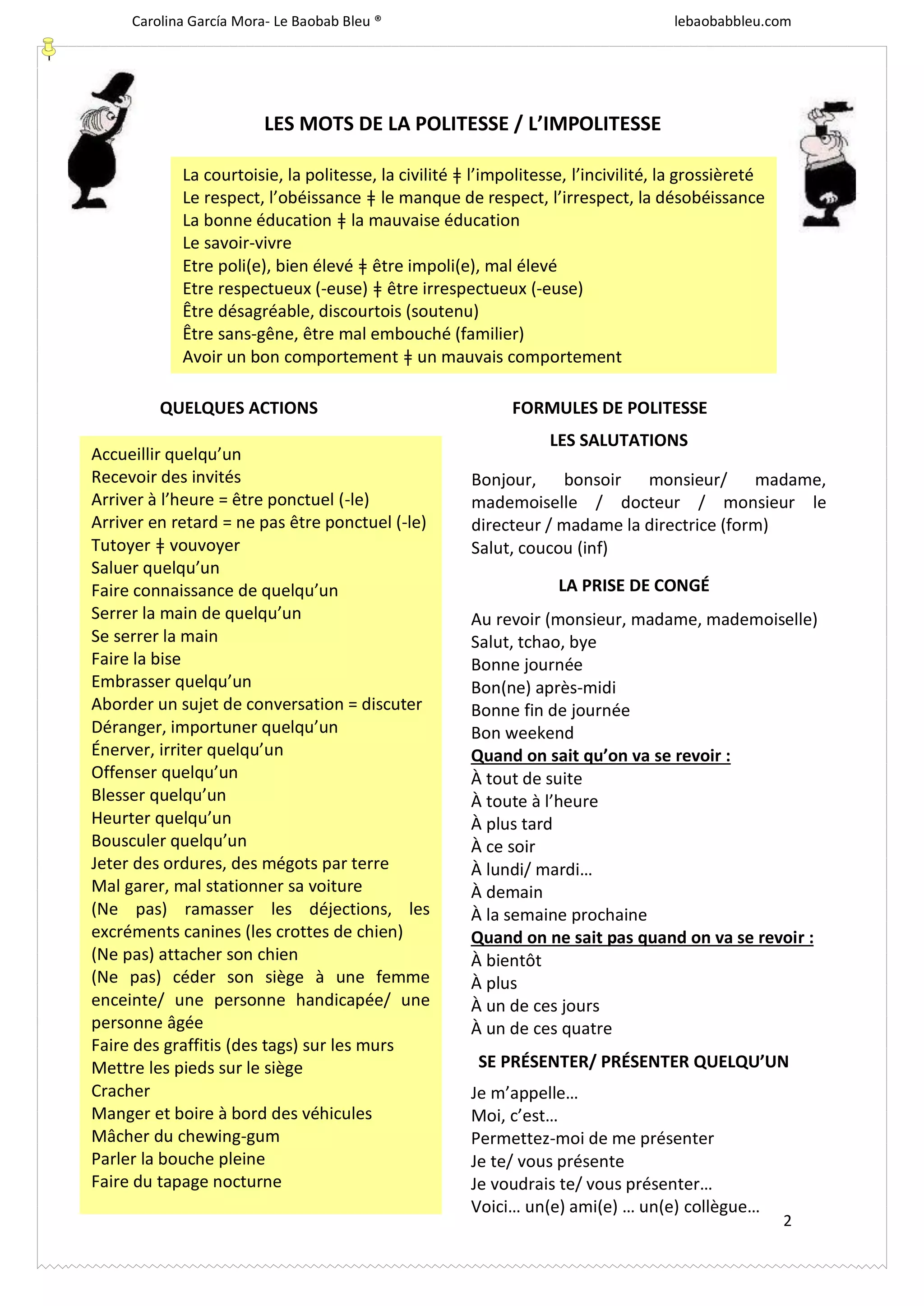 Lexique la politesse (B1) | PDF