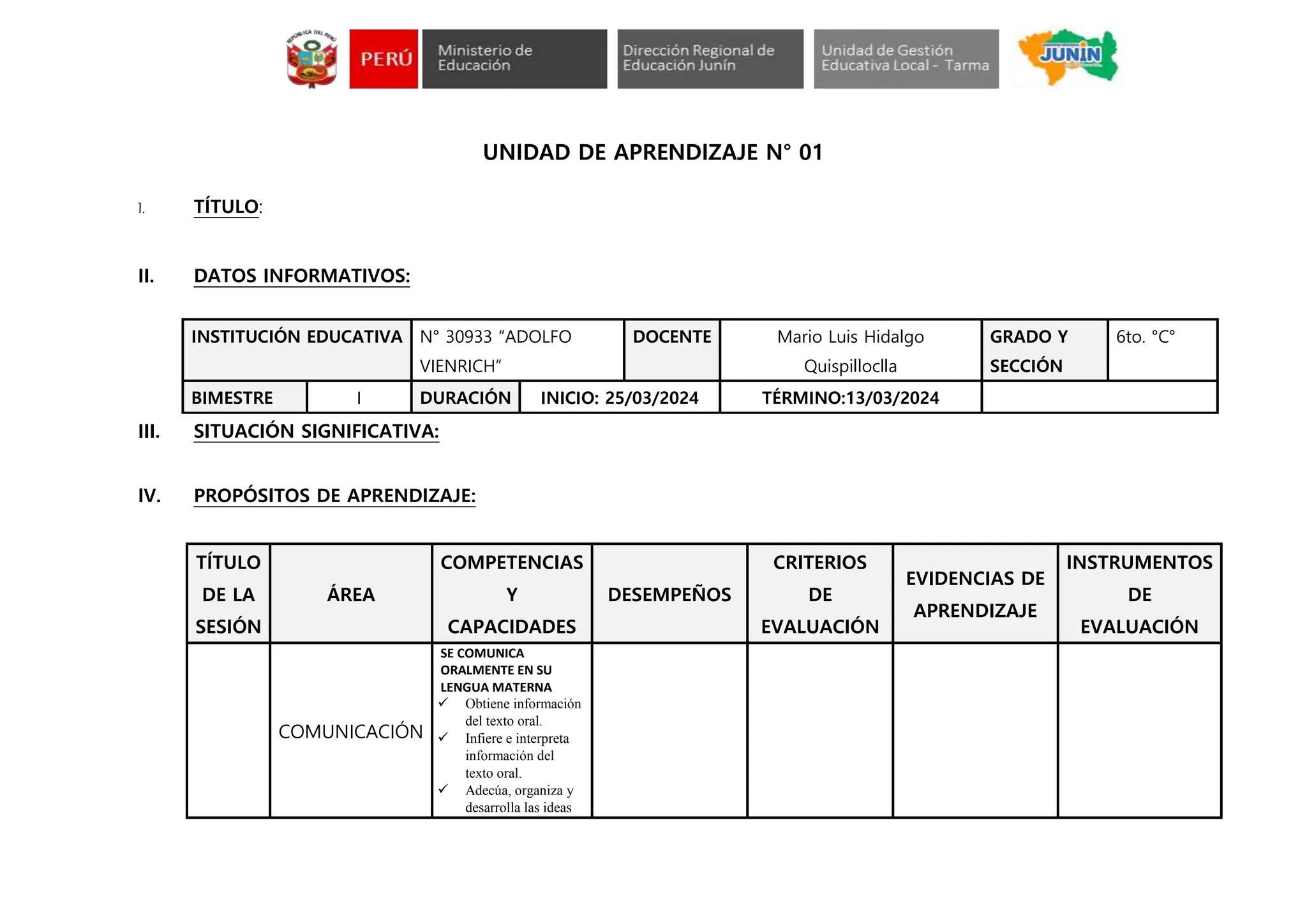 MODELO DE Unidad Didáctica para el 6to. Grado de Primaria | DOCX