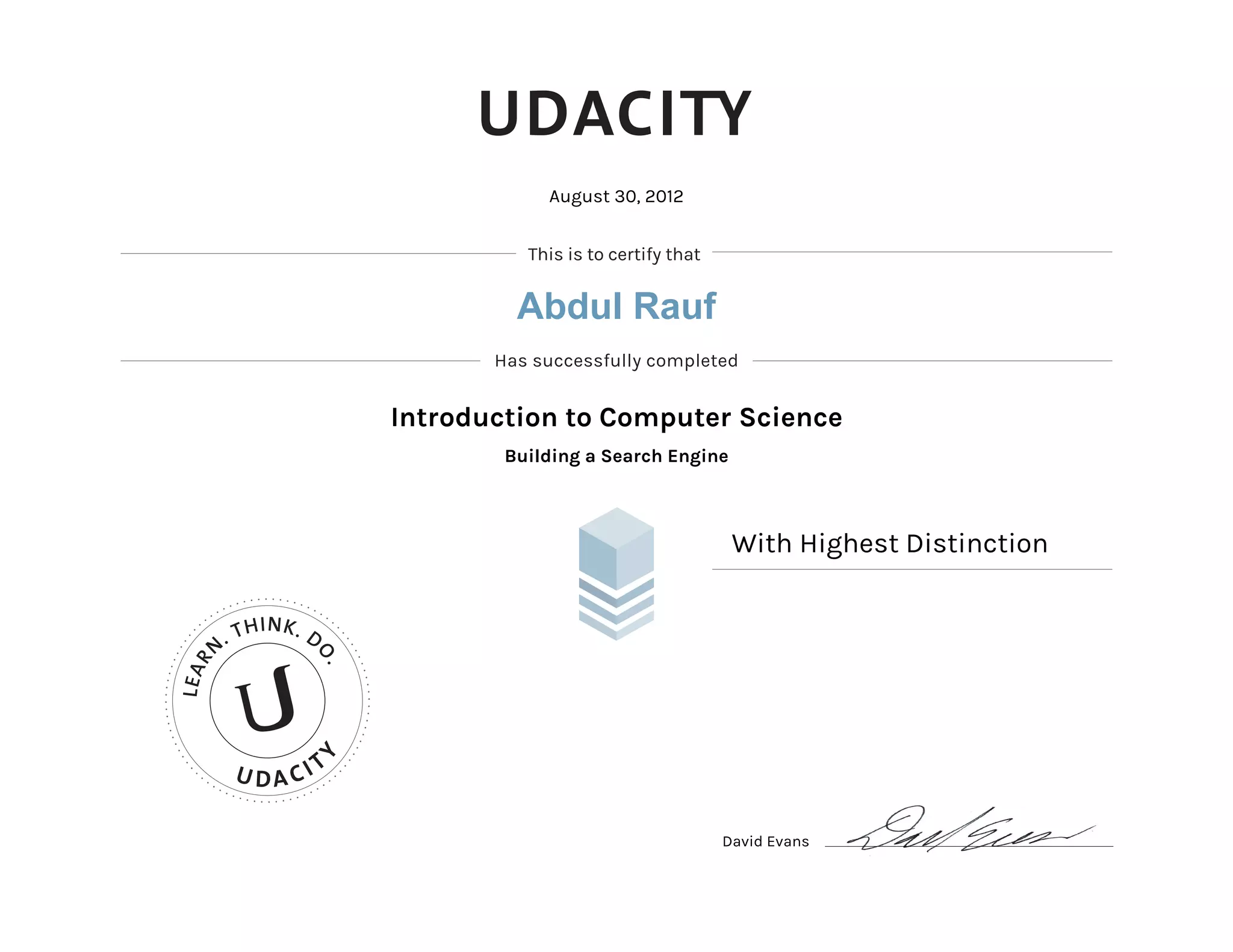 Udacity CS101 certificate | Abdul Rauf | PDF