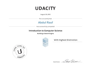 Udacity CS101 certificate | Abdul Rauf | PDF