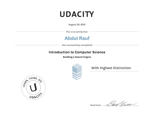 Udacity CS101 certificate | Abdul Rauf | PDF
