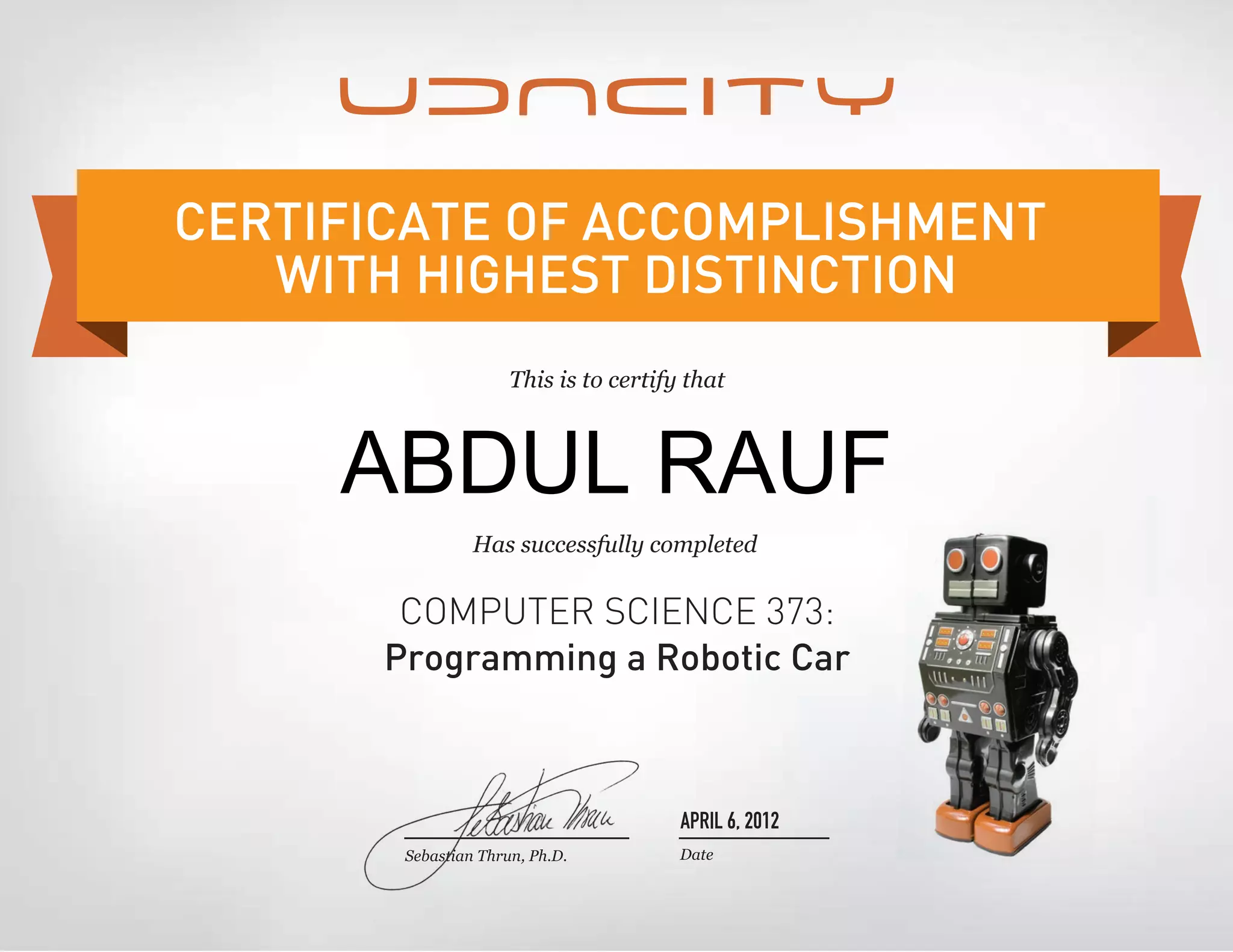 Udacity CS373 certificate | Abdul Rauf | PDF
