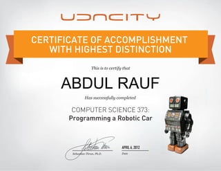 Udacity CS373 certificate | Abdul Rauf | PPT