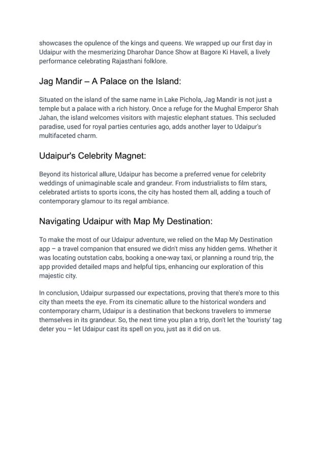 Udaipur Tour from Map My Destination | PDF